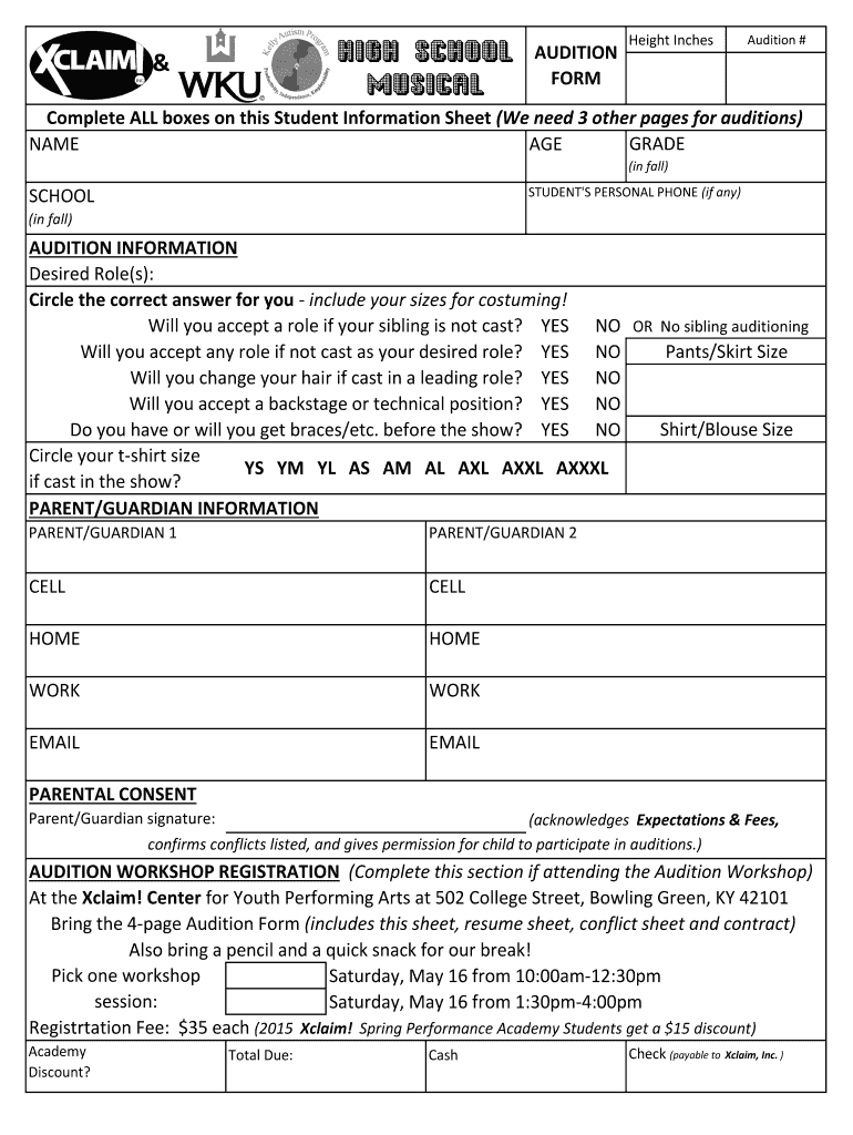 Fillable Online HIGH SCHOOL Height Inches Audition AUDITION MUSICAL ...