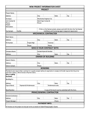 Fillable Online NEW PROJECT INFORMATION SHEET PROJECT - Osland Piping ...
