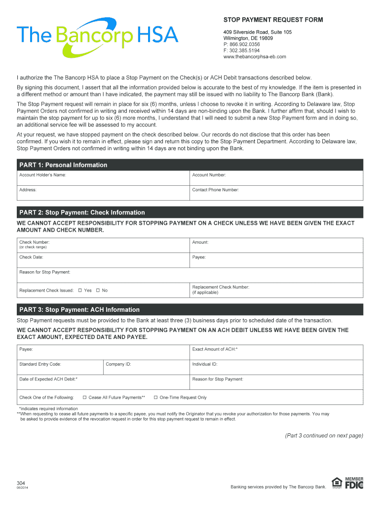 Fillable Online STOP PAYMENT REQUEST FORM 409 Silverside Road, Suite ...