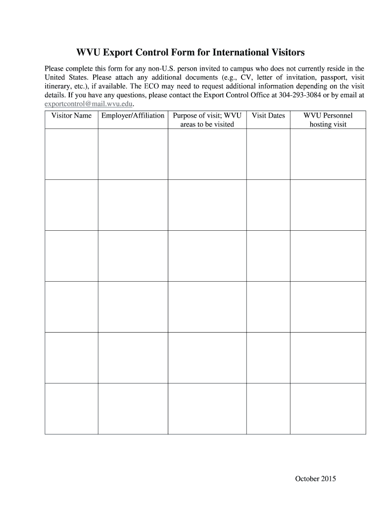 Fillable Online exportcontrol wvu WVU Export Control Form for ...