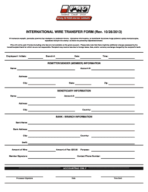 Fillable Online INTERNATIONAL WIRE TRANSFER FORM Rev 10282013 Fax Email ...