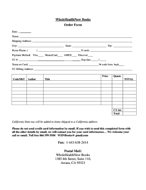 Fillable Online BWholeHealthNowb Books Order Form Fax Email Print - pdfFiller