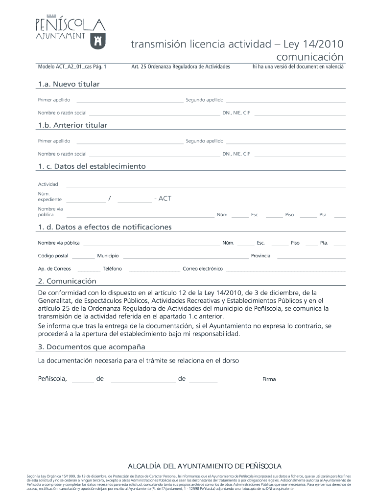 Transmisi n licencia actividad - Ley 14 2010 - Sede Electr nica: Rellena, firma y envía para ...