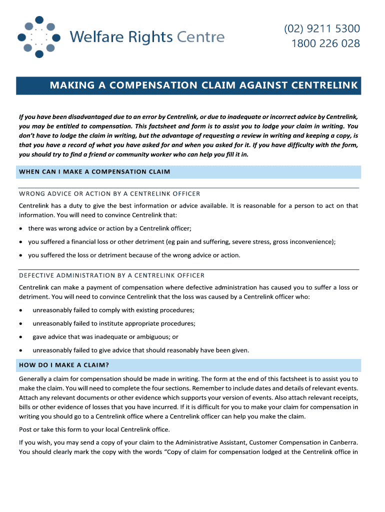 Fillable Online Making a compensation claim against centrelink ...
