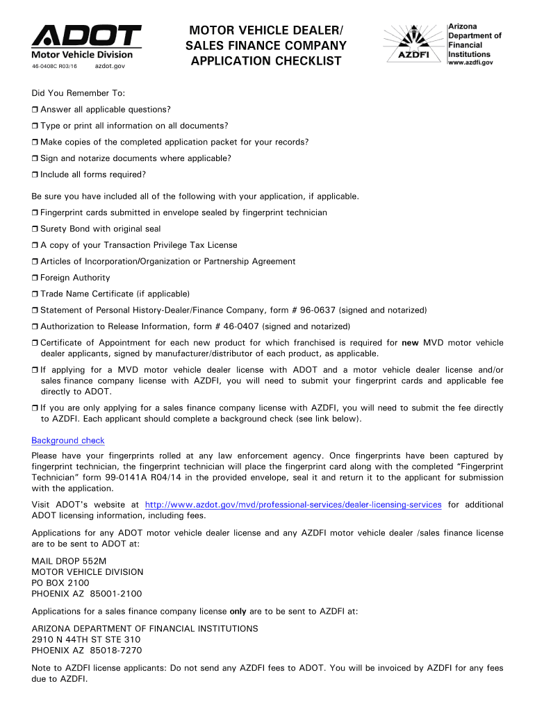 Fillable Online azdot gov MOTOR VEHICLE DEALER/ SALES FINANCE COMPANY ...