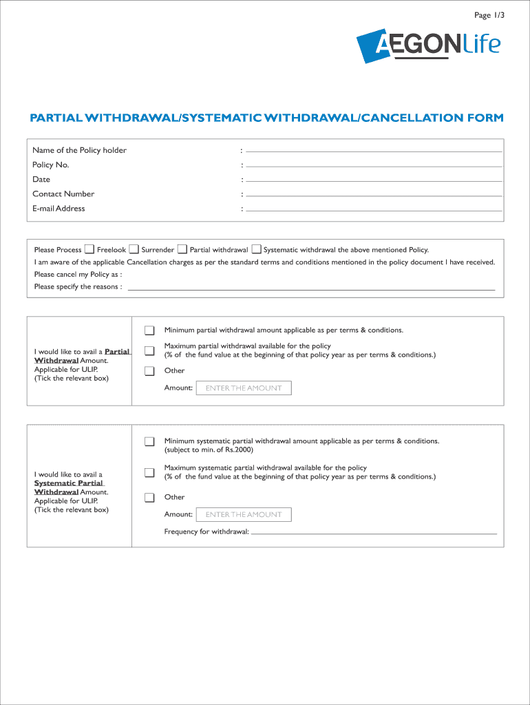 Fillable Online PARTIAL WITHDRAWALSYSTEMATIC WITHDRAWALCANCELLATION FORM Fax Email Print - pdfFiller