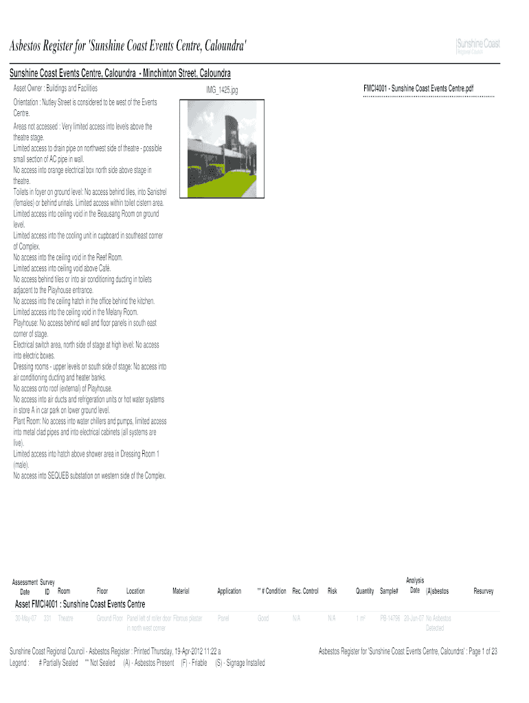 Fillable Online Asbestos Register for 'Sunshine Coast Events ...
