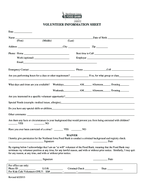 Fillable Online northeastiowafoodbank VOLUNTEER INFORMATION SHEET ...