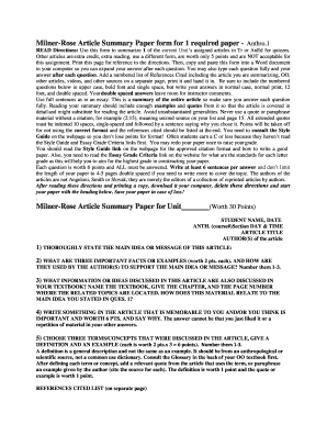 Fillable Online Milner-Rose Article Summary Paper form for 1 required ...