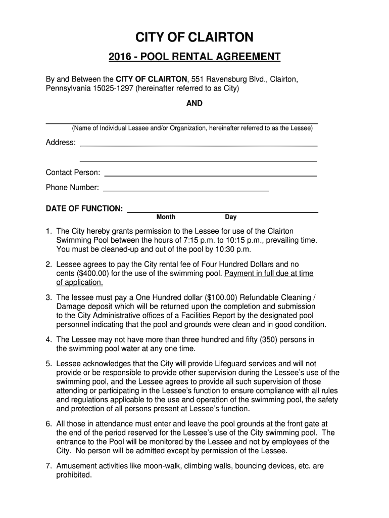 Fillable Online 2016 pool rental agreement form - City of Clairton, PA ...