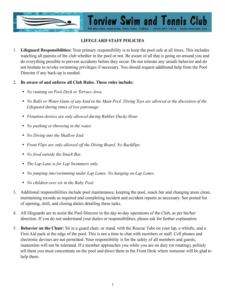 Fillable Online LIFEGUARD STAFF POLICIES Fax Email Print - pdfFiller