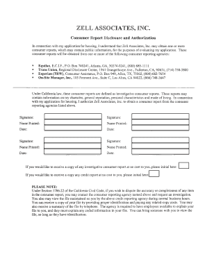 Fillable Online Consumer Report Disclosure - Zell Associates, Inc. Fax ...