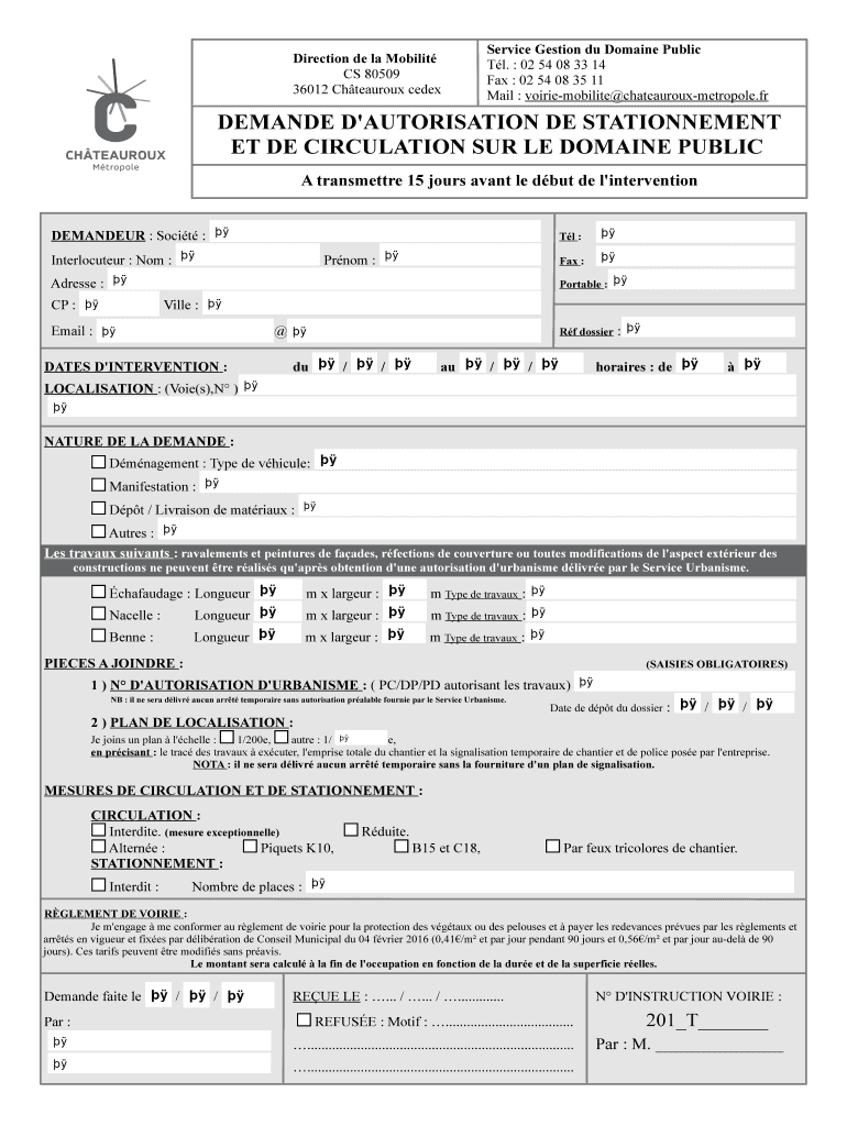 Fillable Online chateauroux-metropole Demande d'autorisation de stationnement et de circulation ...