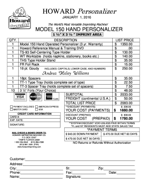 Fillable Online Model 150 Order Form - Howard Imprinting Fax Email ...