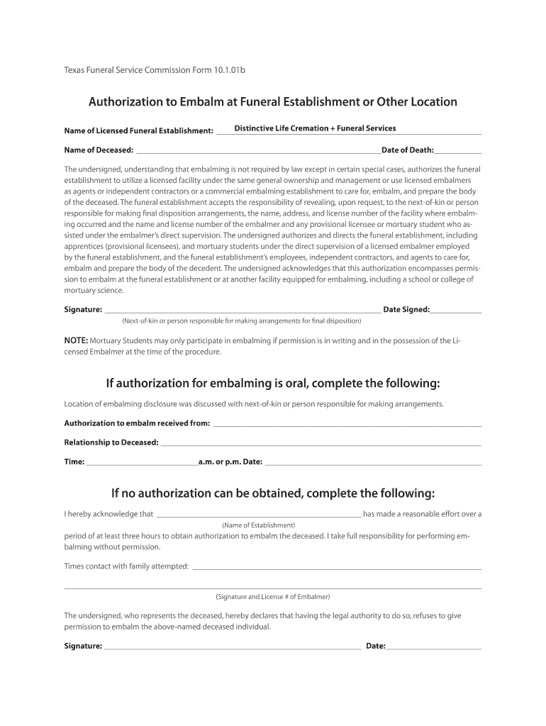 Fillable Online Authorization to Embalm at Funeral Establishment or ...
