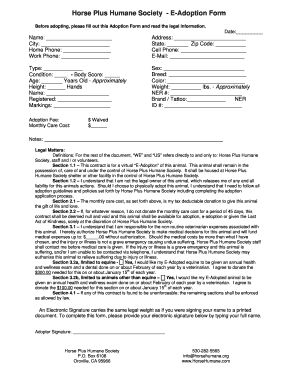 Fillable Online horsehumane Horse Plus Humane Society - E-Adoption Form ...