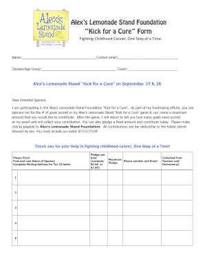 Fillable Online Alexs Lemonade Stand Foundation Kick for a Cure Form ...