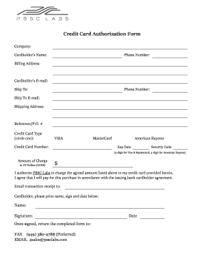 Fillable Online Credit Card Authorization Form - PSSC Labs Fax Email ...