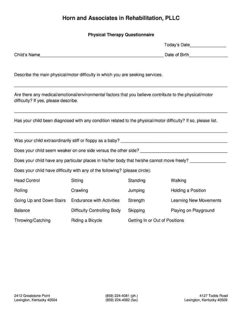 Fillable Online Physical Therapy Supplemental Questionnaire - Horn and ...