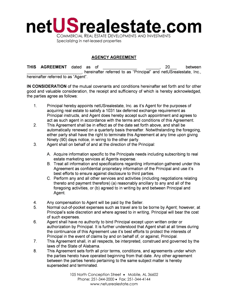 Fillable Online AGENCY AGREEMENT THIS AGREEMENT - NetUs Real Estate Fax ...