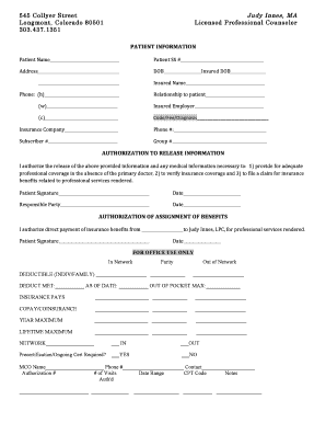 Fillable Online Patient Insurance Information - Judy Innes, MA Fax ...