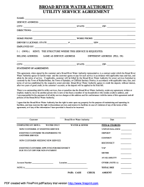 Fillable Online BROAD RIVER WATER AUTHORITY UTILITY SERVICE AGREEMENT ...