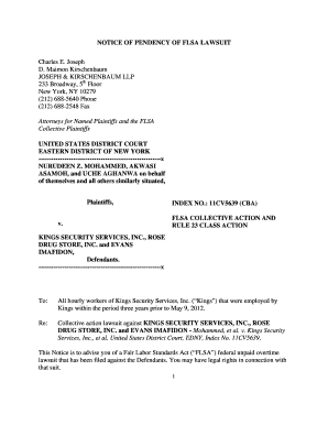 Fillable Online NOTICE OF PENDENCY OF FLSA LAWSUIT - Joseph amp ...