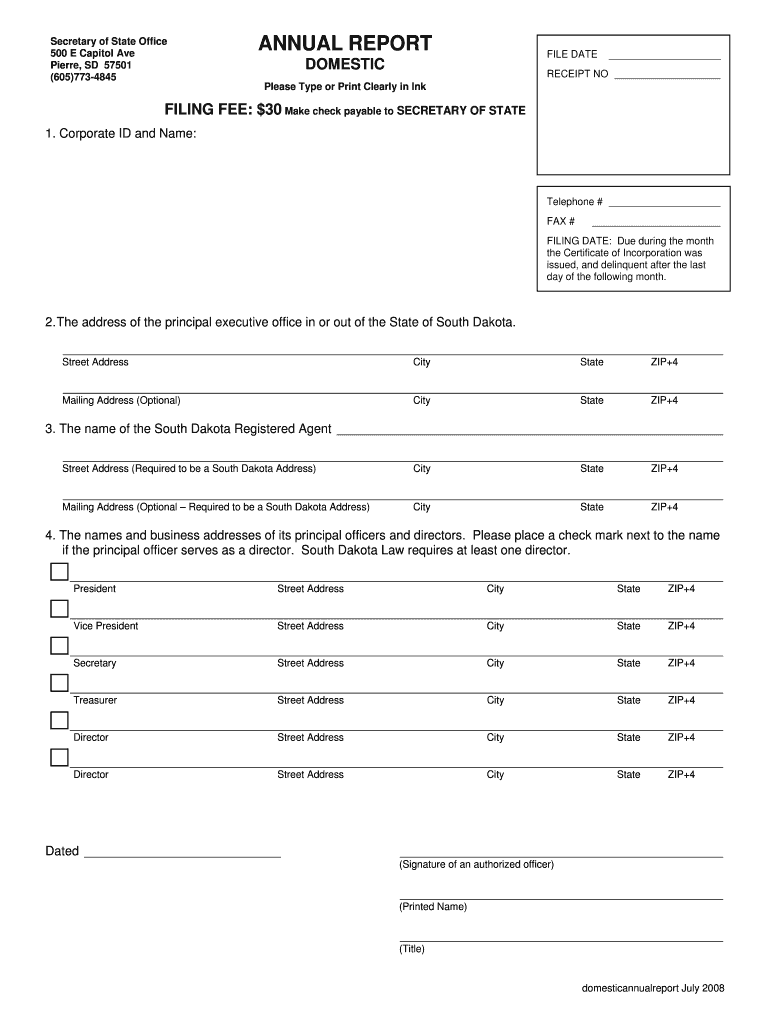 Fillable Online Secretary of State Office 500 E Capitol Ave Pierre, SD ...