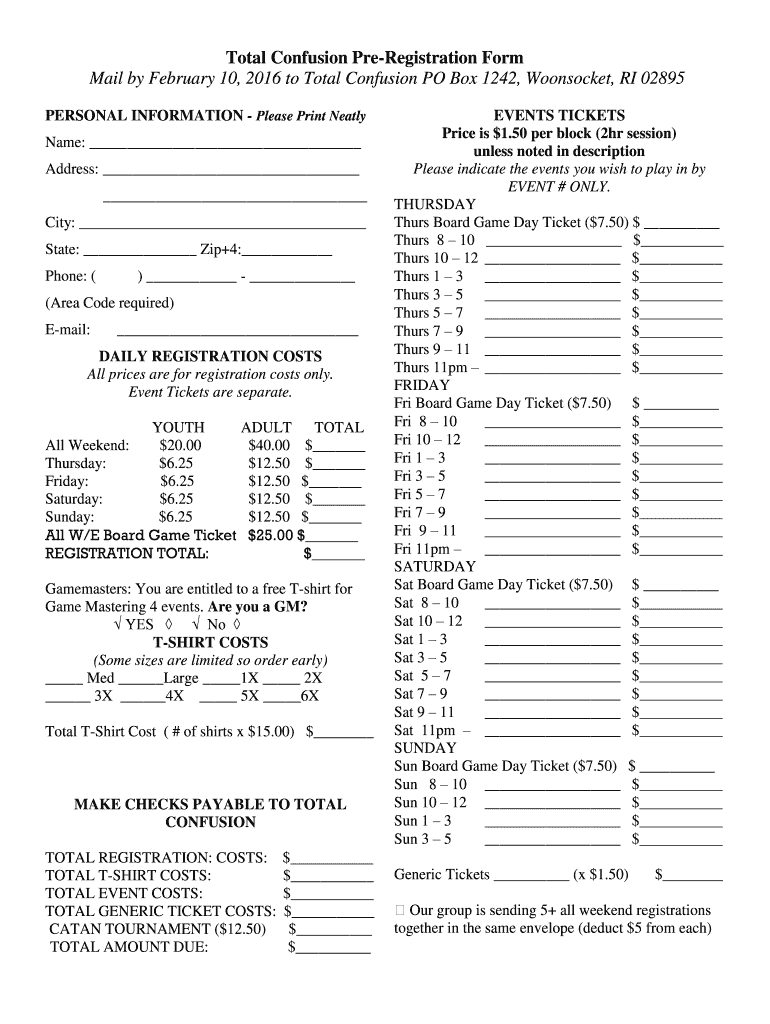 Fillable Online Total Confusion Pre-Registration Form Fax Email Print ...