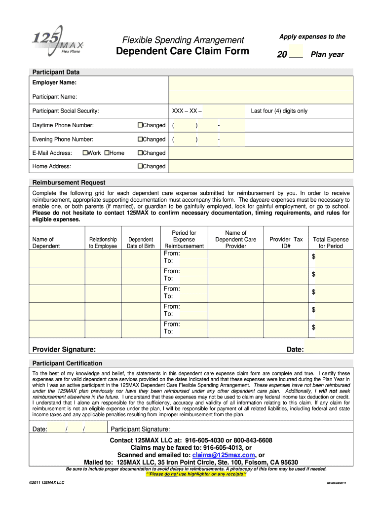 Fillable Online Flexible Spending Arrangement Dependent Care Claim Form 20 Fax Email Print ...