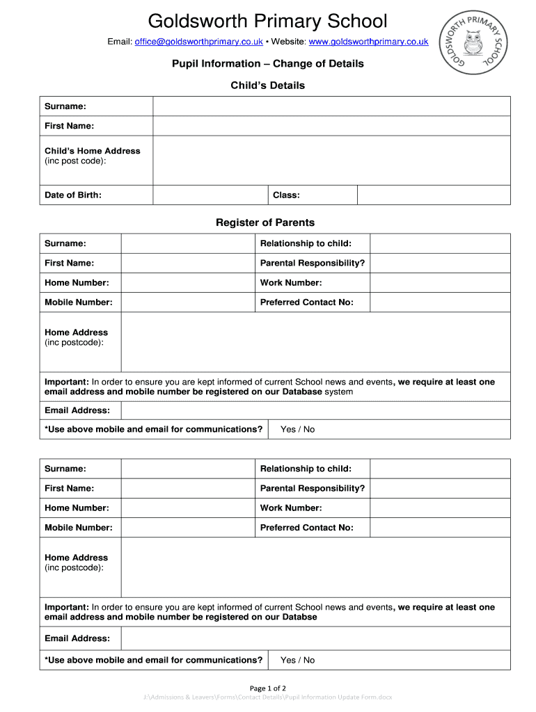 Fillable Online goldsworthprimary co Pupil Information Update Form - Goldsworth Primary School ...