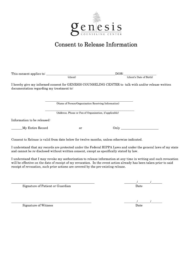 Fillable Online Consent to Release Information Consent to Release ...