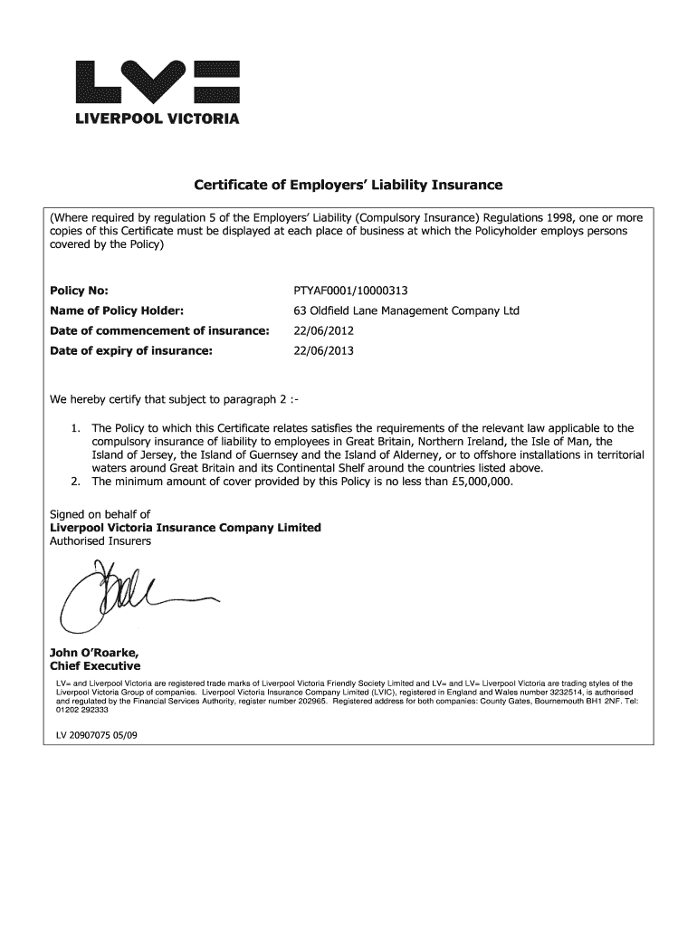 Fillable Online oldfieldlane co Certificate of Employers Liability ...