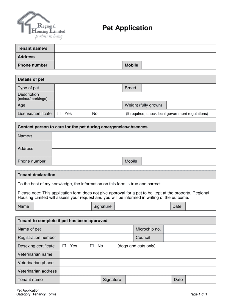 Fillable Online regionalhousing org Pet Application - Regional Housing ...
