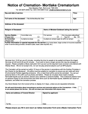 Fillable Online Notice of Cremation- Mortlake Crematorium Fax Email ...