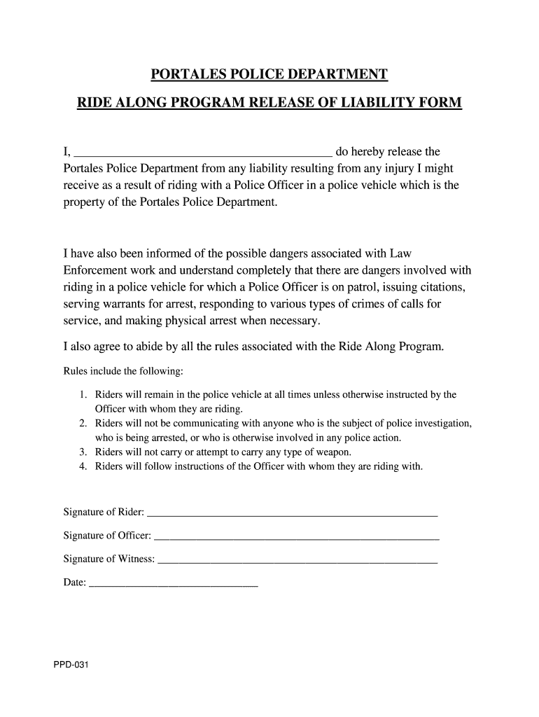 Fillable Online Portales police department ride along program release ...