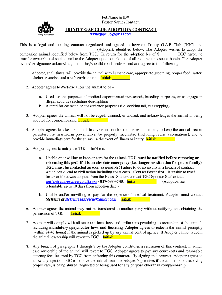 Fillable Online trinitygaprescue TRINITY GAP CLUB ADOPTION CONTRACT - Trinity Gap Rescue ...
