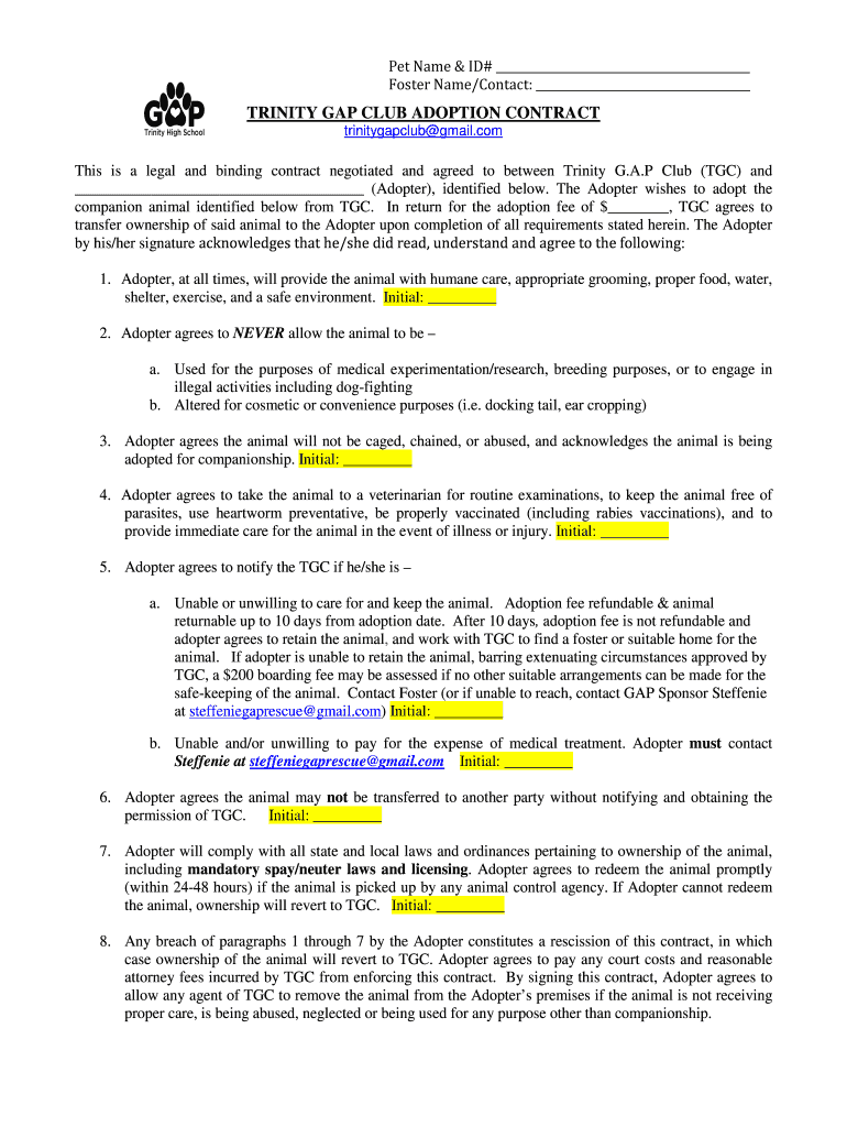 Fillable Online trinitygaprescue GAP Adoption Contract Revised 01-01-15.doc - trinitygaprescue ...