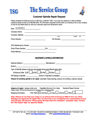 Fillable Online theservicegroup TSG Customer Spindle Repair Request TSG ...