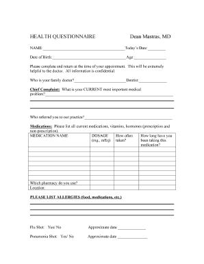 Fillable Online HEALTH QUESTIONNAIRE Dean Mastras MD Fax Email Print ...