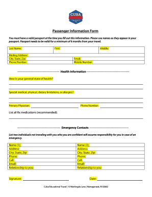 Fillable Online Passenger Information Form - Cuba Educational Travel ...