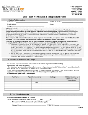 Fillable Online uthsc 2015- 2016 Verification 5 Independent Form - The University of ... Fax ...