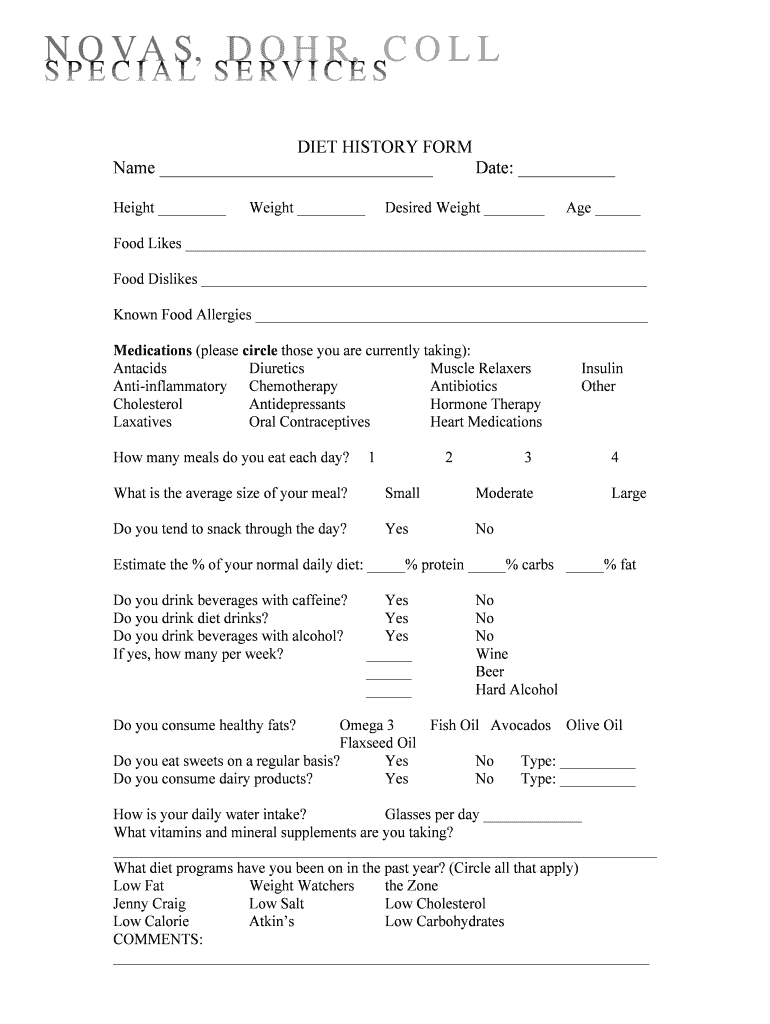 Fillable Online DIET HISTORY FORM - bnovasaestheticsbbcomb Fax Email ...