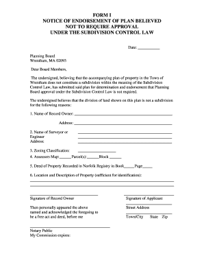 Fillable Online FORM I NOTICE OF ENDORSEMENT OF PLAN BELIEVED NOT TO ...