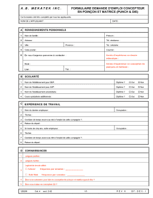 Remplissable En Ligne 2-02 Formulaire Demande d'emploi Concepteur de poincon et matrice Fax ...