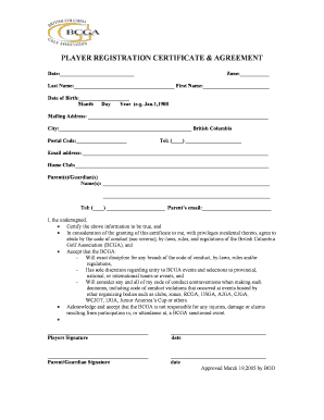 Fillable Online bcgazone4 PLAYER REGISTRATION CERTIFICATE amp AGREEMENT ...