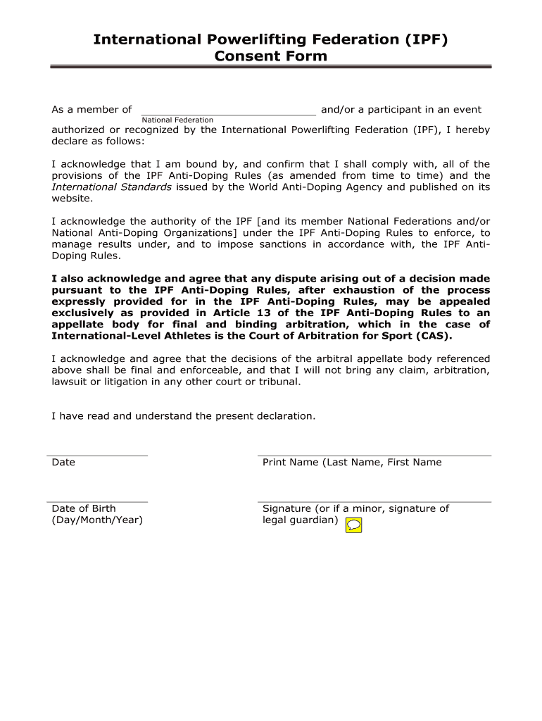 Fillable Online International bPowerliftingb Federation IPF Consent ...