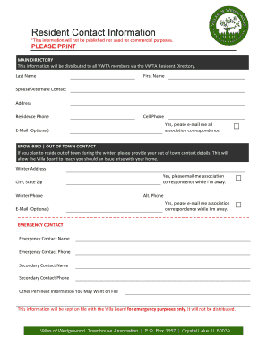 Fillable Online Resident Contact Information - bVWTAb Fax Email Print ...