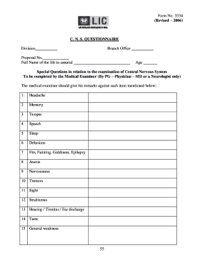 Fillable Online Cns questionnaire - PuneLicAgents.com Fax Email Print ...