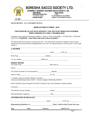 Fillable Online boreshasacco co BEREAVEMENT FORM - 2010 - boreshasacco ...
